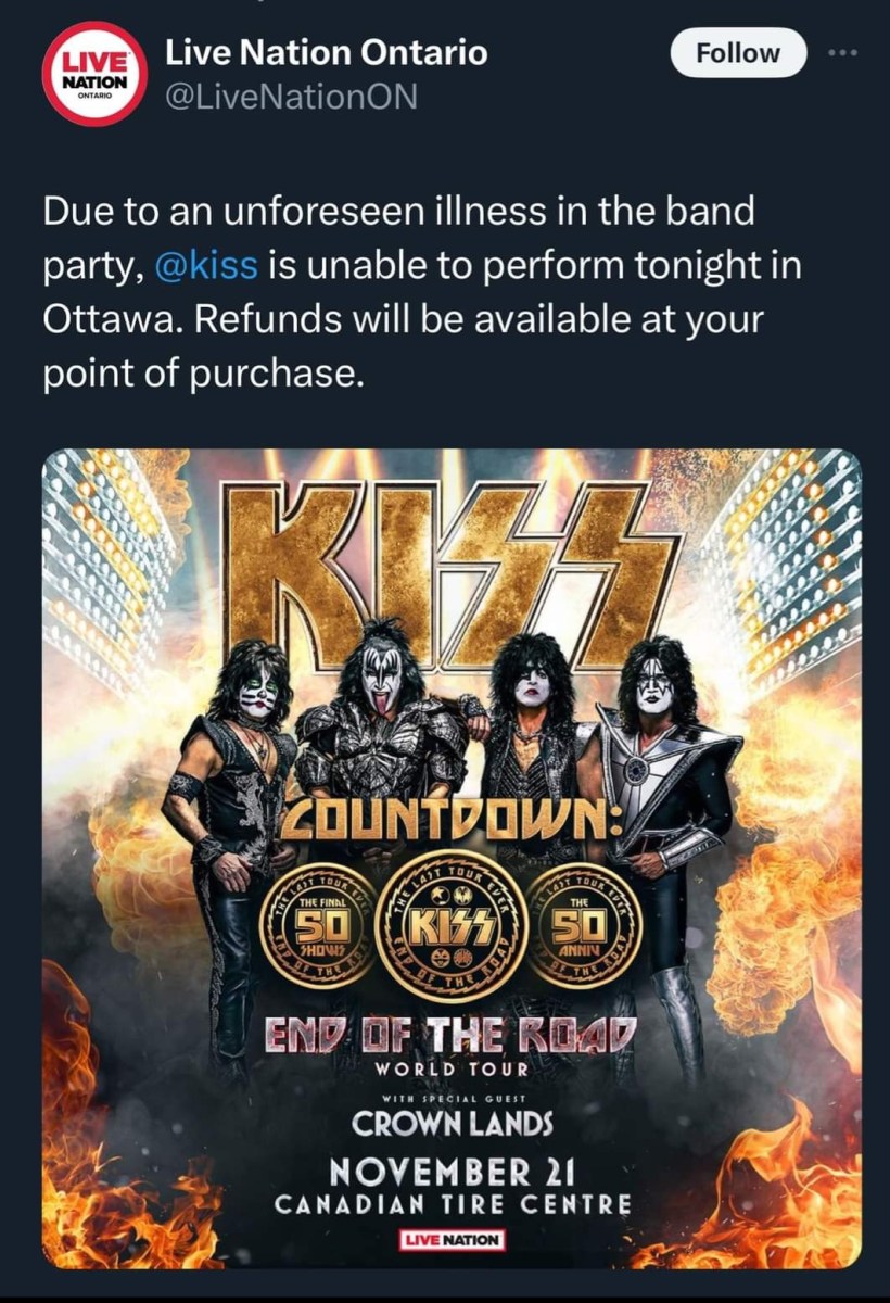 NEWS: KISS cancelled last night’s show in Ottawa 11/21/23 | mikeladano.com